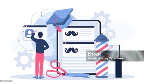 이발사 온라인 개념입니다 콧수염 근처에 가위를 가진 남자 아름다움과 미학 턱수염을 선택하는 미용사 인터넷의 이발소 트렌디한 얼굴 헤어 스타일 평면 벡터 일러스트 레이 션