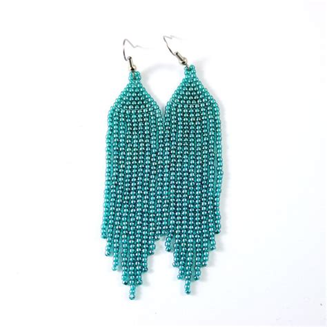 Boho Beaded Earrings Teal Seed Bead Earrings Fringe Beaded Etsy