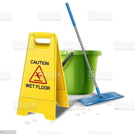 젖은 바닥의 현실적인 벡터 아이콘 그림은 물과 걸레 양동이가 있는 노란색 기호를 주의합니다 가사 집안일에 대한 스톡 벡터 아트 및 기타 이미지 Istock