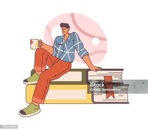 커피나 차 한 잔과 함께 책을 읽고 학교나 대학 시험을 준비하는 남성 인물 출판물과 소설을 접한 독자가 정보를 알아갑니다 플랫 만화 스타일 캐릭터 벡터 가공의 인물에 대한