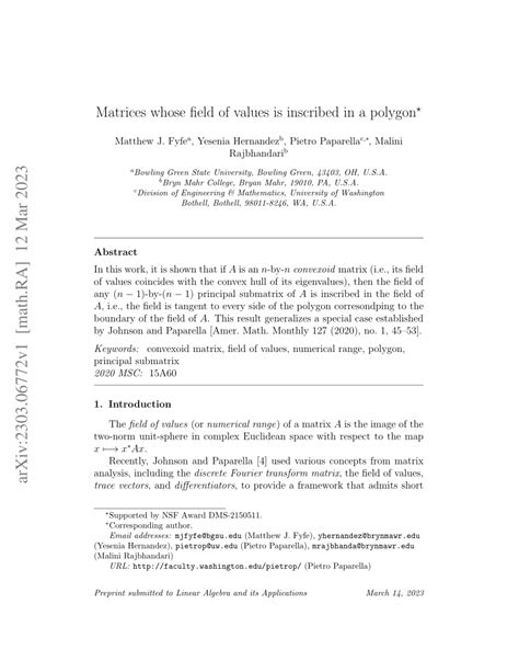 Pdf Matrices Whose Field Of Values Is Inscribed In A Polygon