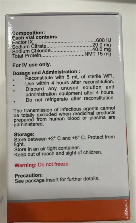 Vial Factocel Ix 600iu Injection Human Coagulation Factor Ix At