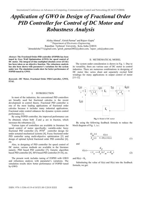 Pdf Application Of Gwo In Design Of Fractional Order Pid Controller For Control Of Dc Motor