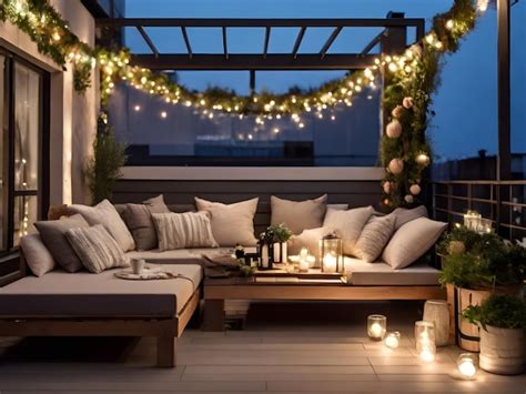 Premium Photo A Empty Cozy Outdoor Rooftop Terrace With Garlands And Glowing Lamps And Outdoor