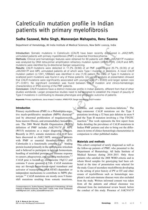 Pdf Calreticulin Mutation Profile In Indian Patients With Primary Myelofibrosis