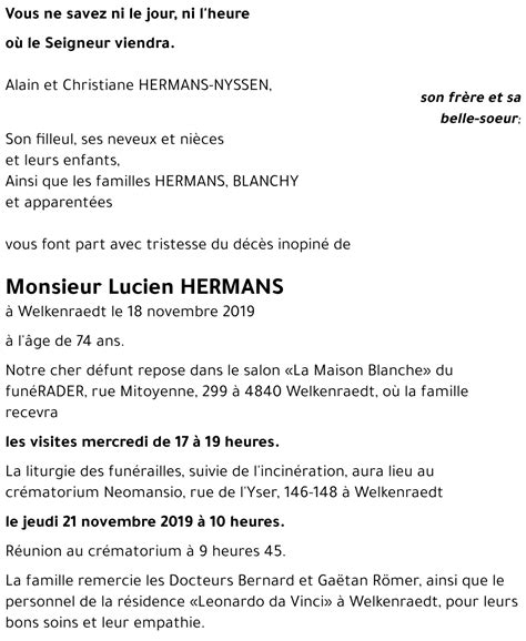 Avis De Décès De Lucien Hermans Décédé Le 18 11 2019 à Welkenraedt