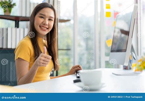 Portrait Happy Young Programmer Asian Woman Work At Start Up Technology Office And Using