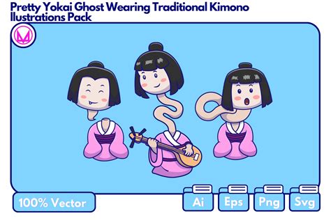 Yokai Ghost Girl Wearing Traditional Kimono Illustration Pack 3 Free Download People