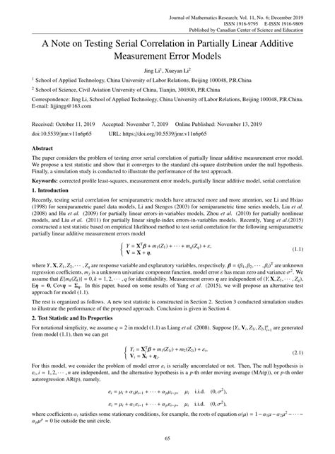 Pdf A Note On Testing Serial Correlation In Partially Linear Additive Measurement Error Models