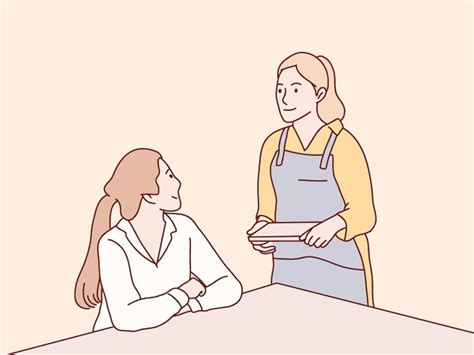 카페 간단한 한국식 일러스트에서 고객에게 주문을 받는 여성 웨이트리스 프리미엄 벡터