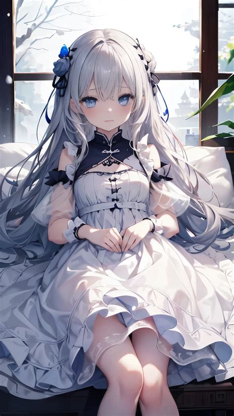 Anime Girl With Long Hair Sitting On A Bed In A Room Seaart Ai