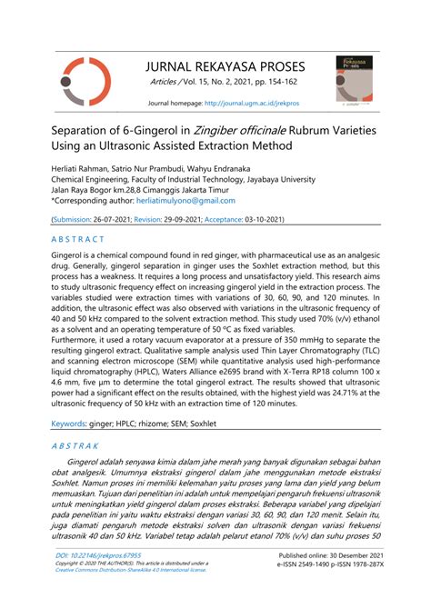 Pdf Separation Of 6 Gingerol In Zingiber Officinale Rubrum Varieties Using An Ultrasonic