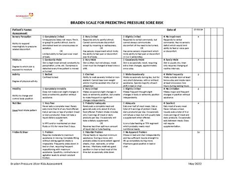 Braden Scale 1000 Braden Scale For Predicting Pressure Sore Risk