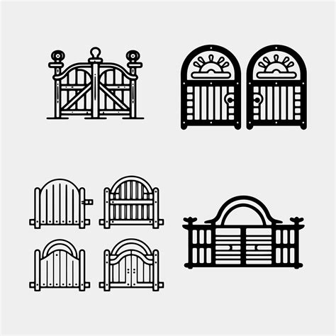 Set Line Classic Gate Gate With Wooden Fence Icon Isolated On Black And White Background Fence