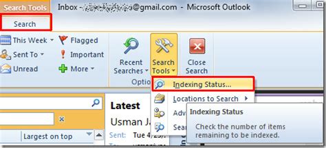 View Indexing Status For Searching In Outlook 2010