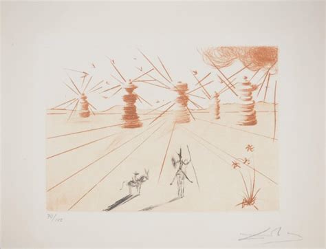 Salvador Dali Don Quixote And The Windmills Original Engraving For