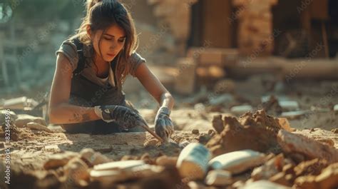 Excavation Site Female Archeologist Cleaning Cultural Artifacts With