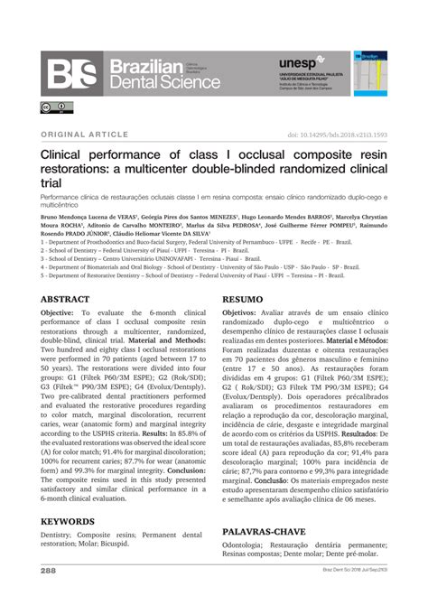 Pdf Clinical Performance Of Class I Occlusal Composite Resin Restorations A Multicenter