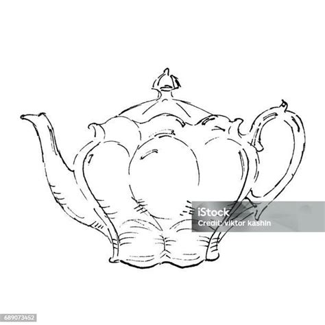 검은 잉크 고전적인 주전자 흰색 배경에 고립의 그림 벡터 일러스트입니다 손으로 그린 스케치 스타일입니다 검은색에 대한 스톡 벡터 아트 및 기타 이미지 Istock