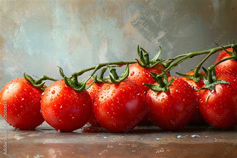 물에 씻은 깨끗하고 맛있어 보이는 크고 빨갛게 잘 익은 방울 토마토 한 송이 素材庫相片 Adobe Stock