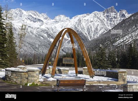 Rogers Pass Monument Arches By Trans Canada Highway With Snowy British