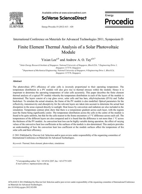 Pdf Finite Element Thermal Analysis Of A Solar Photovoltaic Module