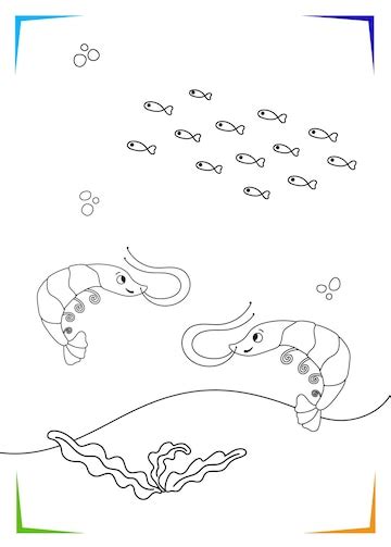 검은색과 흰색 새우 해초 아이들을 위한 색칠 페이지 해양 수중 주민 벡터 그림 아이들을 위한 인쇄 가능 아이들을 위한 워크시트