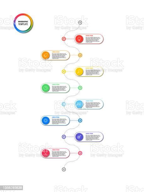 흰색 배경에 둥근 요소가 있는 수직 타임라인 인포그래픽입니다 마케팅 라인 아이콘이 있는 현대적인 비즈니스 프로세스 시각화 벡터 일러스트 템플릿을 쉽게 편집하고 사용자 정의