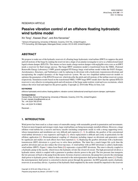 Pdf Passive Vibration Control Of An Offshore Floating Hydrostatic Wind Turbine Model