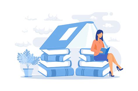 도서관에서 읽는 여자 책의 스택 앉아있는 휴식 유용한 여가 똑똑한 취미 하드커버 백과사전 학술 문학 서점 컬렉션 플랫 디자인