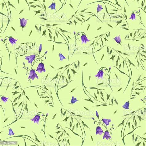 초롱꽃의 수채화 매끄러운 패턴 녹색 배경에 격리된 야생 귀리 엽서 포스터 스크랩북 초대장 배경 인쇄물 벽지 직물 섬유 포장용 0명에 대한 스톡 벡터 아트 및 기타 이미지