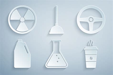 테스트 튜브 및 플라스크 스티어링 휠 가정용 화학 물질 병 커피 컵 고무 플런저 및 방사능 아이콘을 설정합니다 벡터 3차원 형태에 대한 스톡 벡터 아트 및 기타 이미지