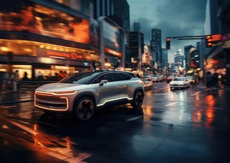 Premium Ai Image An Autonomous Car Navigating Through A Bustling Urban Setting At Dusk