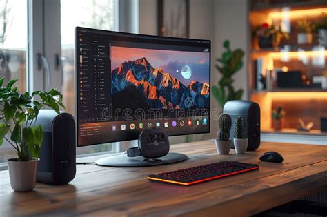 Modern Home Office Desk With Curved Monitor And Desktop Setup Stock Image Image Of