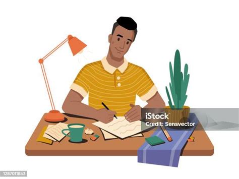 직장에서 기사를 쓰거나 테이블에 앉아 게시물 차 또는 커피 종이와 펜 램프와 바탕 화면에 냄비에 식물 벡터 맨 특파원 신문에서 출판 쓰기에 대한 스톡 벡터 아트 및 기타