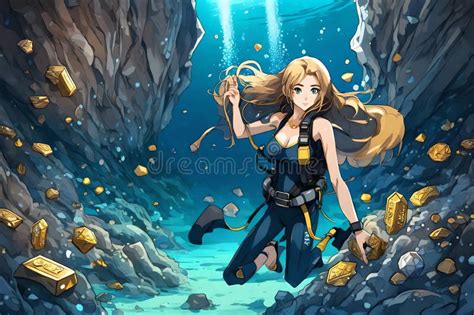 Young Anime Girl Diving Exploring Treasure Filled Cave Stock