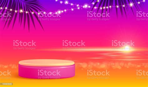 3d 무대와 야자수가 있는 여름 해변 배경 화려한 여름 풍경입니다 벡터 그림 0명에 대한 스톡 벡터 아트 및 기타 이미지 0명 3차원 형태 강단 Istock