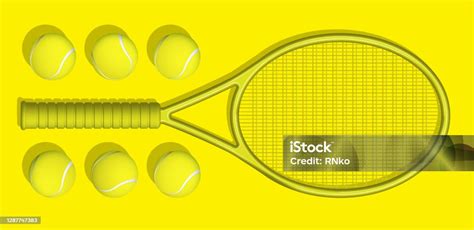 노란 테니스 라켓과 공은 테니스 코트의 노란색 배경에 놓여 있습니다 스포츠 장비 및 재고 사실적인 벡터 Championship에 대한 스톡 벡터 아트 및 기타 이미지