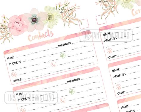 PERSONAL Size Address Book For Planner Contacts Printable Page Watercolor Floral Bohemian