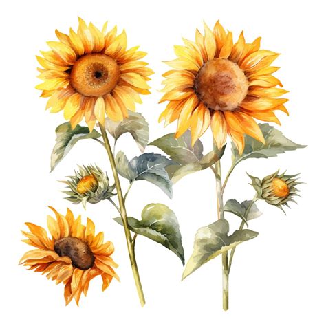 수채화 해바라기 클립 아트 흰색 배경 프리미엄 벡터