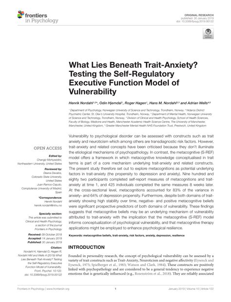 Pdf What Lies Beneath Trait Anxiety Testing The Self Regulatory Executive Function Model Of