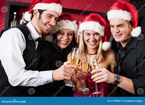 Christmas Party Friends At Bar Toast Champagne Stock Image Image Of