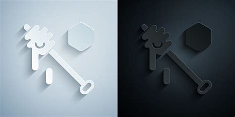 종이 컷 꿀 디퍼 스틱 아이콘 은 회색과 검은 색 배경에 격리 꿀 국자 종이 아트 스타일 벡터 0명에 대한 스톡 벡터 아트 및 기타 이미지 Istock