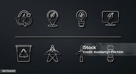 재활용 휴지통 위치 리프 풍력 터빈 전기 타워 및 전구 아이콘이 있는 세트 배터리설정 벡터 검은색에 대한 스톡 벡터 아트 및 기타 이미지 Istock