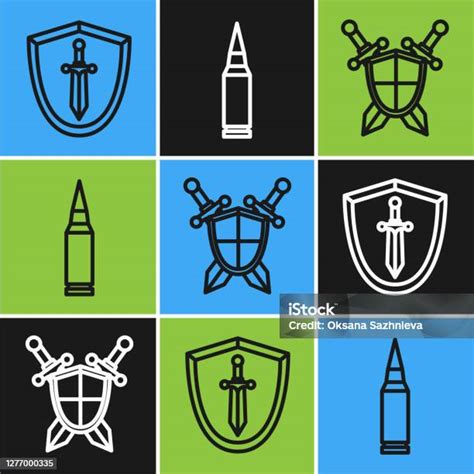 칼 교차 검과 총알 아이콘과 중세 방패와 세트 라인 중세 방패 벡터 강철에 대한 스톡 벡터 아트 및 기타 이미지 강철 검