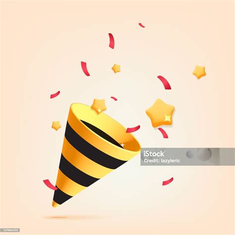 3d 벡터 만화 렌더링 생일 축하 파티 포퍼 또는 크래커 빨간 색종이와 별 폭발 깜짝 기호 디자인 벌에 대한 스톡 벡터 아트 및 기타 이미지 Istock