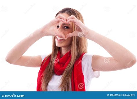 Усмехаясь девушка показывает сердце с руками Стоковое Фото изображение насчитывающей ð²ðð°ð