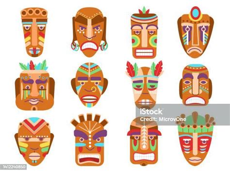 부족 마스크 티키 우상 민족 토템 마스크 고립 된 고대 아프리카 나무 전사 상징 만화 전통 마야 문화 괜찮은 벡터 요소 0명에 대한 스톡 벡터 아트 및 기타 이미지 Istock