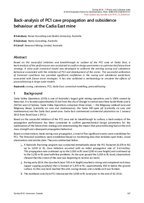 Pdf Back Analysis Of Pc1 Cave Propagation And Subsidence Behaviour At