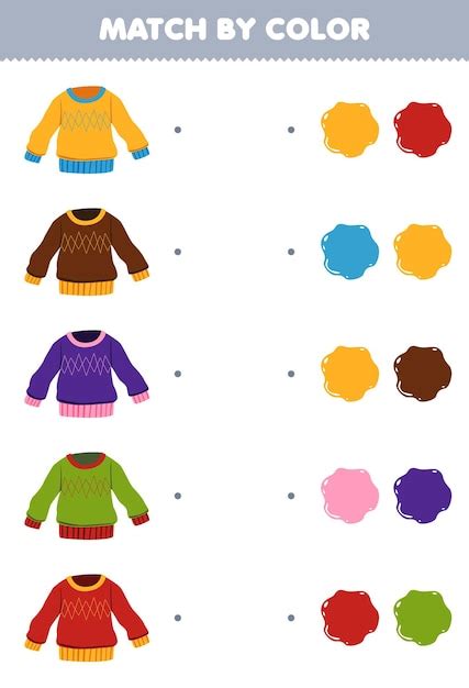귀여운 만화 스웨터 인쇄 가능한 웨어러블 의류 워크시트의 색상별 어린이를 위한 교육 게임 프리미엄 벡터